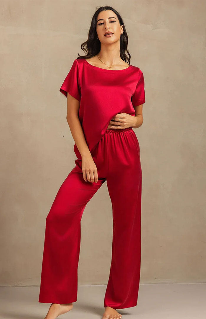 Scarlet Embrace – Ruby Red Satin Loungewear